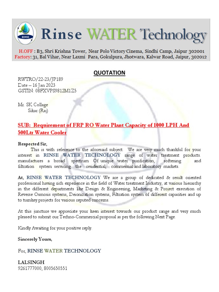 Quotation for RO Water Plant & Chiller | PDF | Water Purification ...