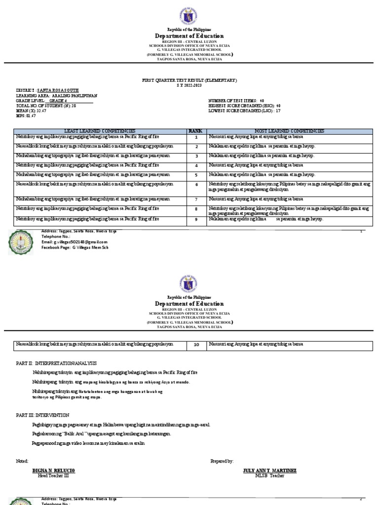 Grade 4 - AP-1st-Grading-Most-and-Least-Learned 2022-2023 | PDF
