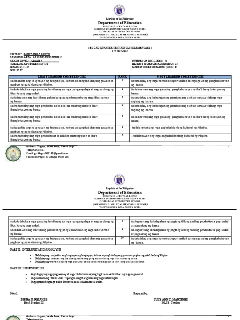 Grade 4 - AP-2nd-Grading-Most-and-Least-Learned 2022-2023 | PDF