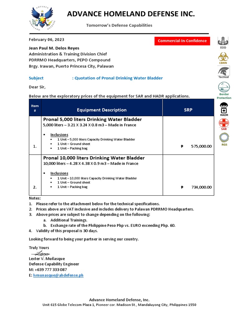 Quotation of Drinking Water Bladder 575k PDF | PDF | Business | Technology & Engineering