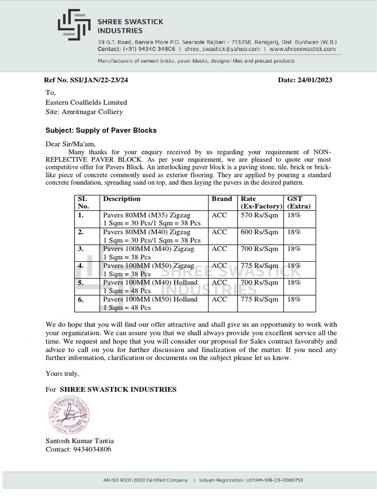 Paver Block Supply Quotation | PDF