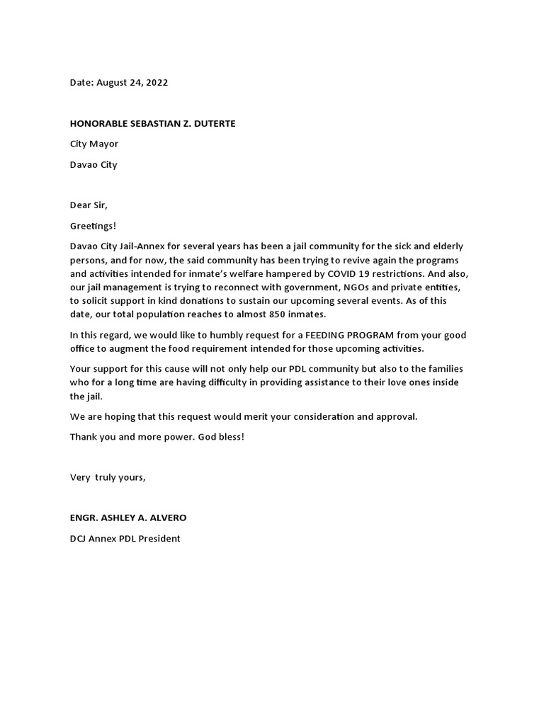 Request for Support of Feeding Program for Elderly and Sick Inmates at ...