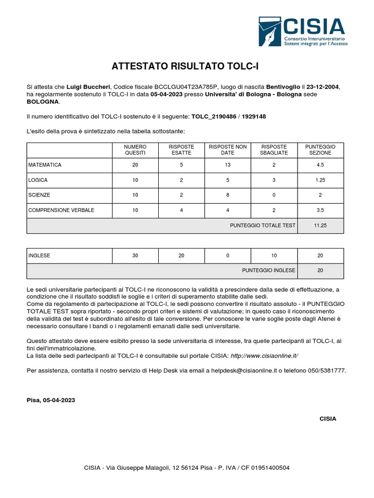 Attestato Risultato Tolc 2190486 PDF | PDF