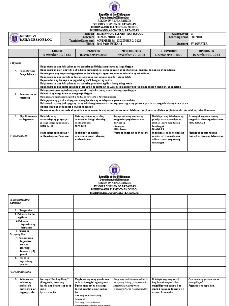 DLL - Filipino 6 - Q2 - W4 | PDF