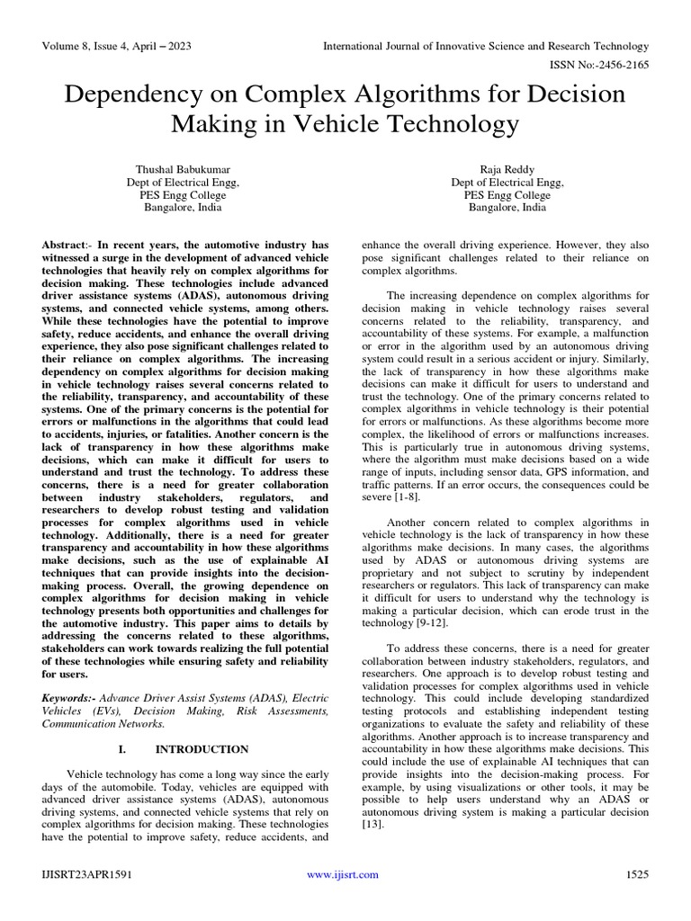 Dependency On Complex Algorithms For Decision Making in Vehicle Technology | PDF