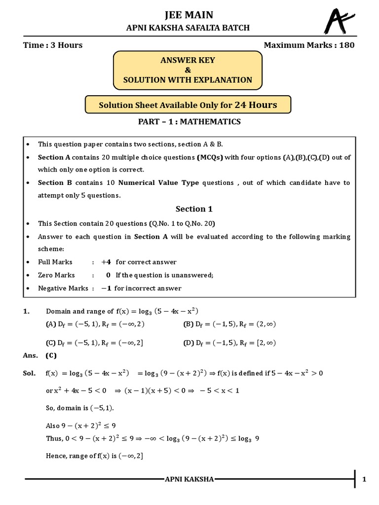 1683193637-Answer Key Solution Explanation, JEE Main Paper, Apni Kaksha ... 1683193637-Answer Key Solution Explanation, JEE Main Paper, Apni Kaksha ...