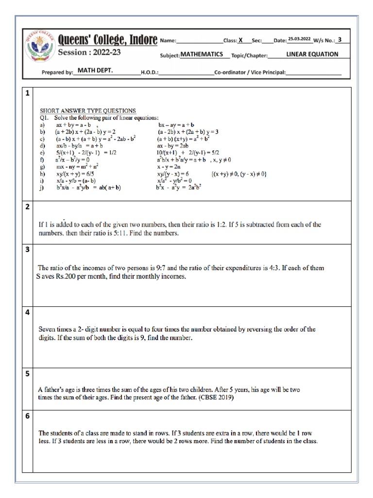 X Linear Equation Worksheet 3 PDF | PDF