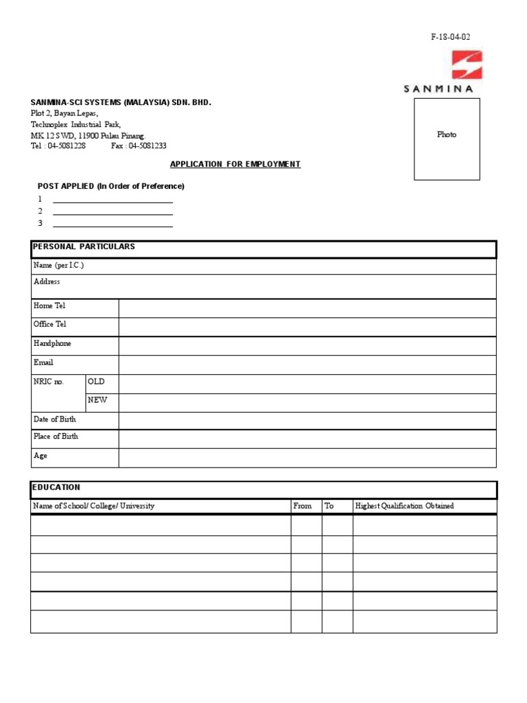 Sanmina Application Form - IDL Plant2 | PDF | Justice | Crime & Violence