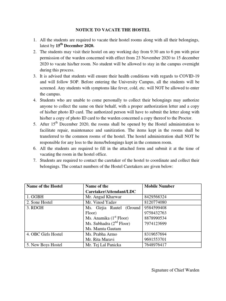 Vacate Hostel Notice Nov20 | PDF
