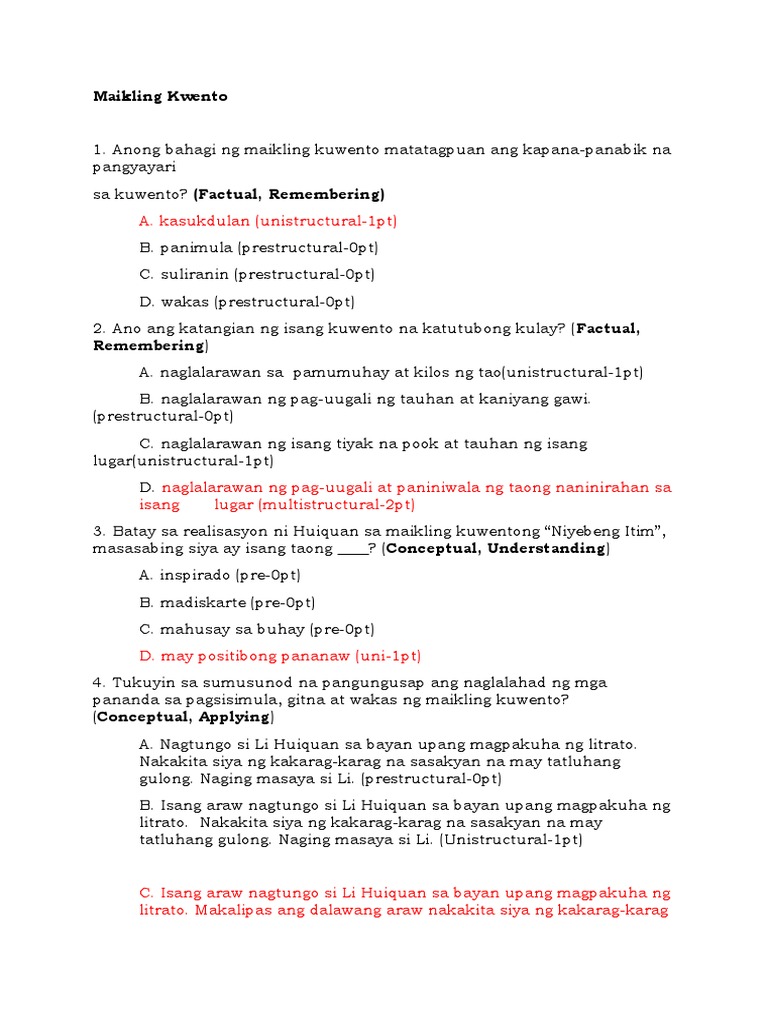 Maikling Kuwento Test 2nd | PDF