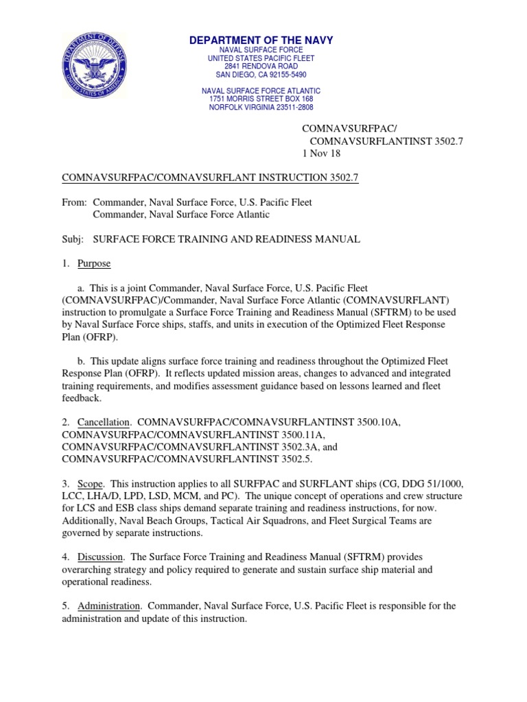 COMNAVSURFPAC COMNAVSURFLANTINST-3502 7-1Nov18-Surface Force Training ...