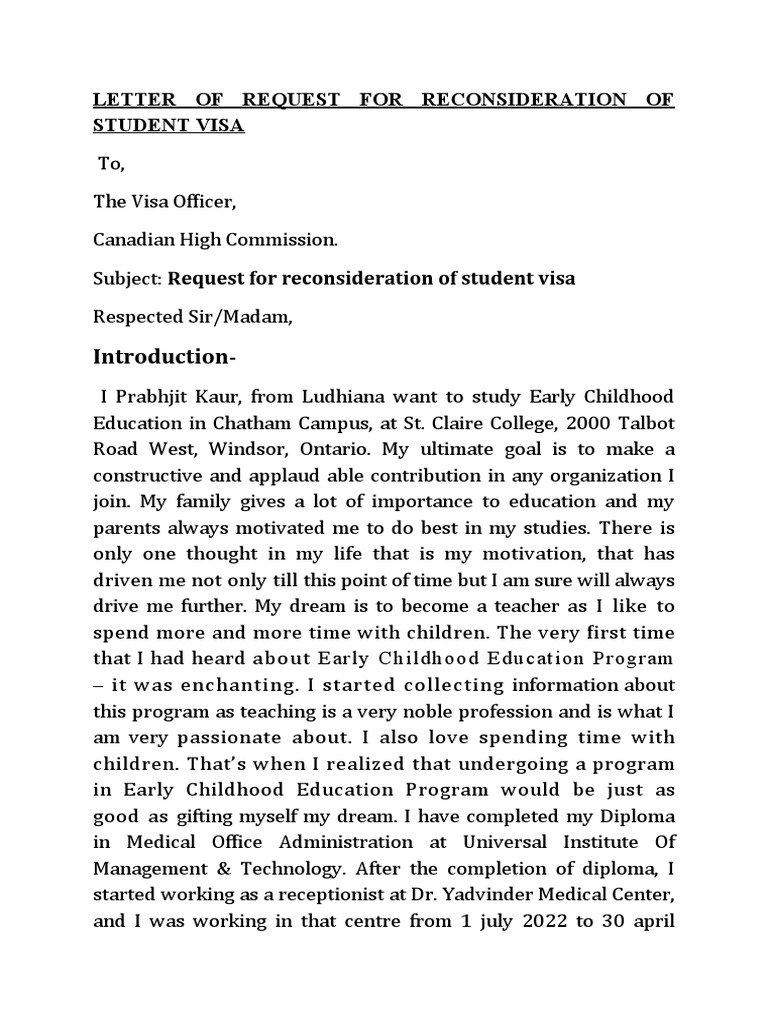 Letter of Request For Reconsideration of Student Visa | PDF