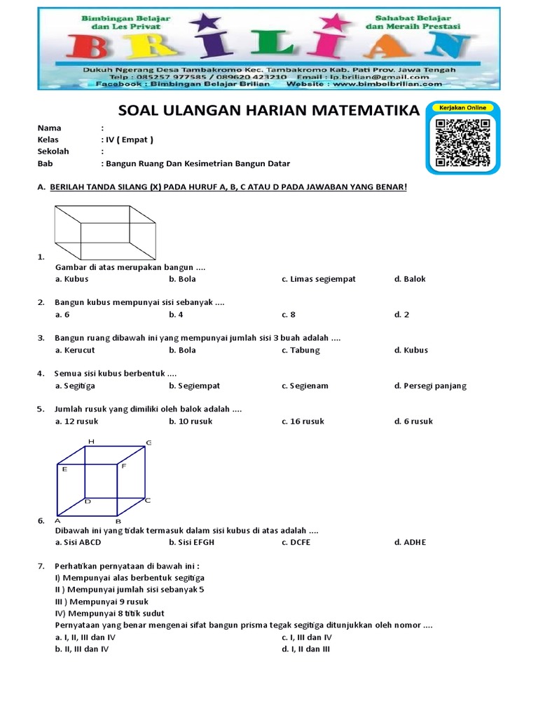 Soal Matematika Kelas 4 SD Bab 10 Bangun Ruang Dan Kunci Jawaban | PDF