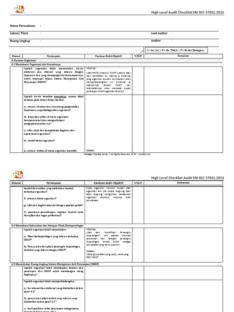 08.High-Level Audit-Checklist SNI ISO 37001.2016 (Contoh - Xyz) RK | PDF