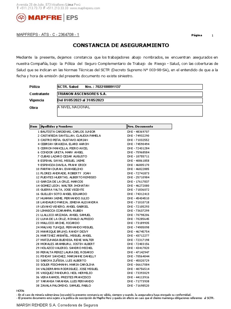 Constancia de Seguro SCTR Salud 2023 | PDF
