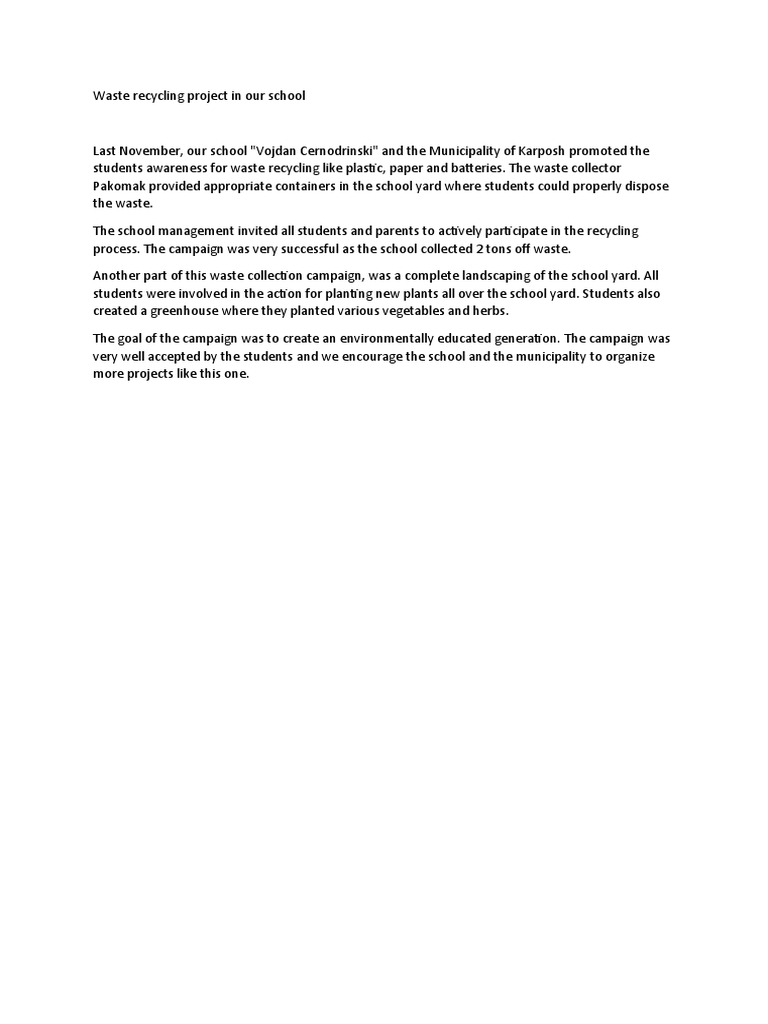 Waste Recycling Project in Our School | PDF