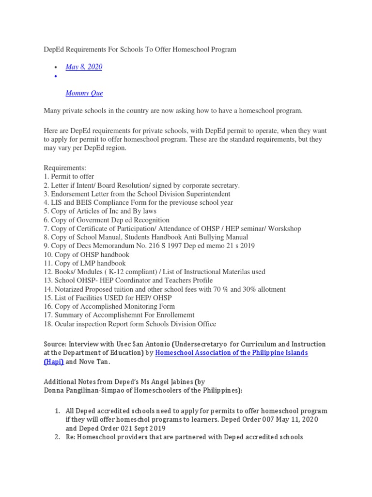 DepEd Homeschool Program Requirements | PDF
