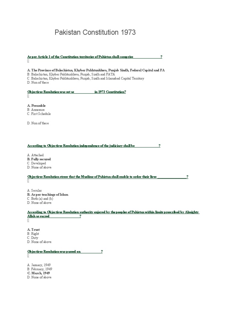 Pakistan Constitution 1973 MCQs | PDF