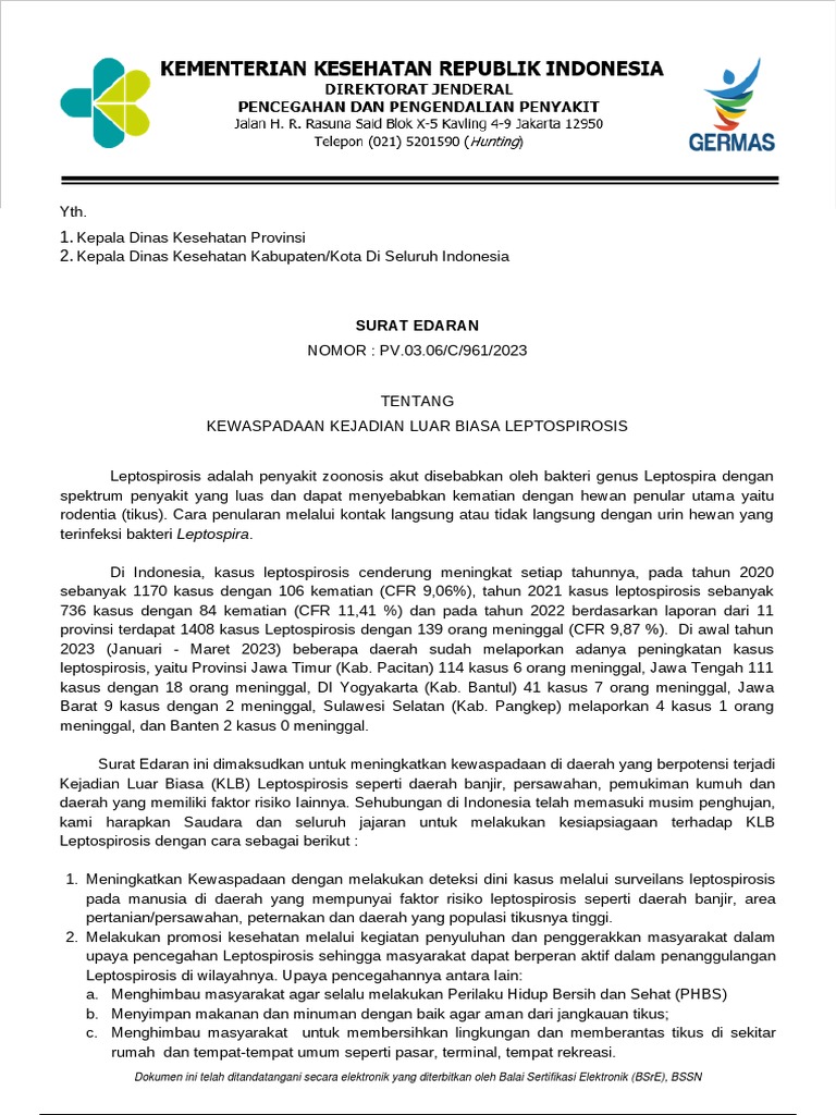 961 - Surat Edaran Tentang Kewaspadaan Kejadian Luar Biasa Leptospirosis | PDF