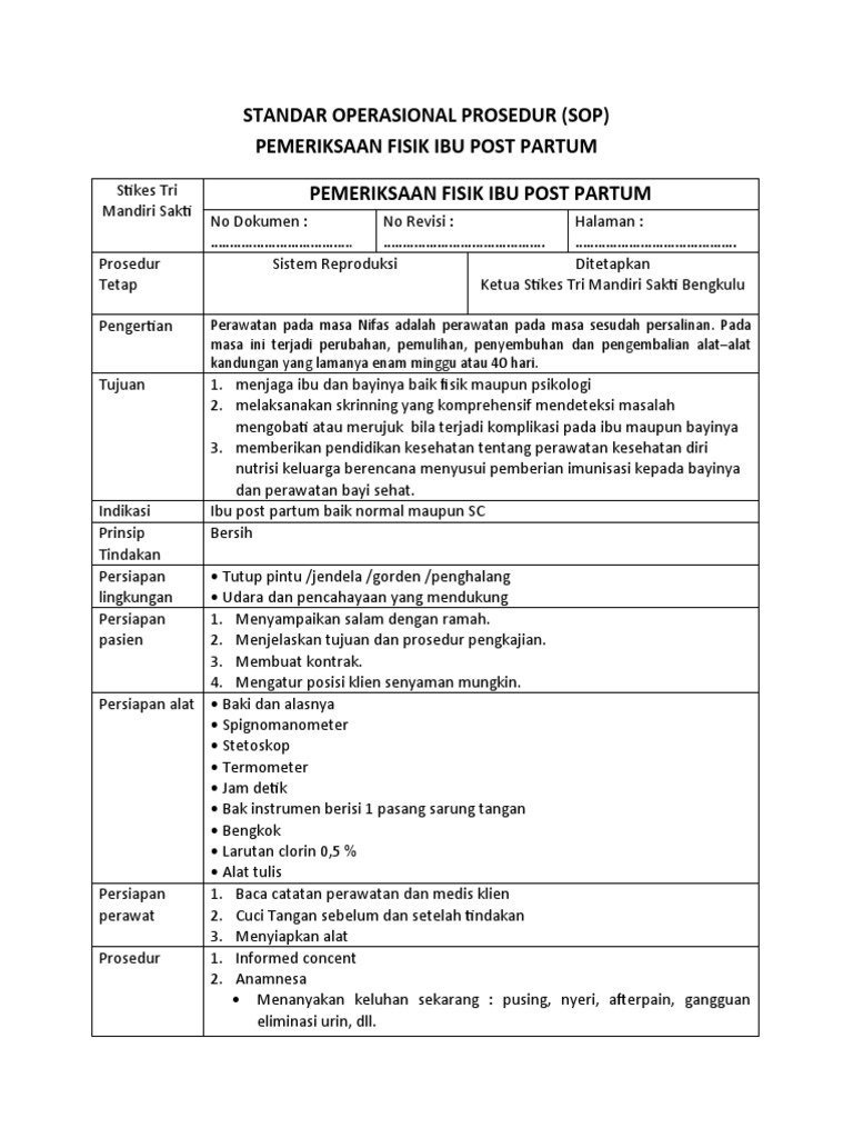 SOP Pemeriksaan Post Partum | PDF