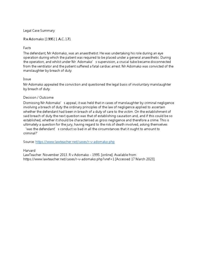 R V Adomako (1995) Gross Negligence | PDF