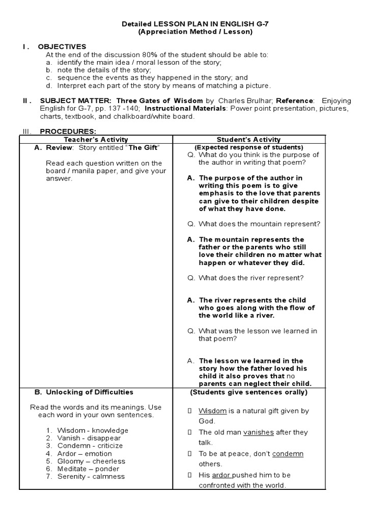 Detailed Lesson Plan in English G-7-Appreciation Lesson | PDF | Lesson ...
