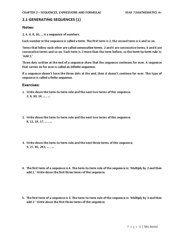 Chapter 2 - Sequences, Expressions and Formulae PDF | PDF | Teaching ...