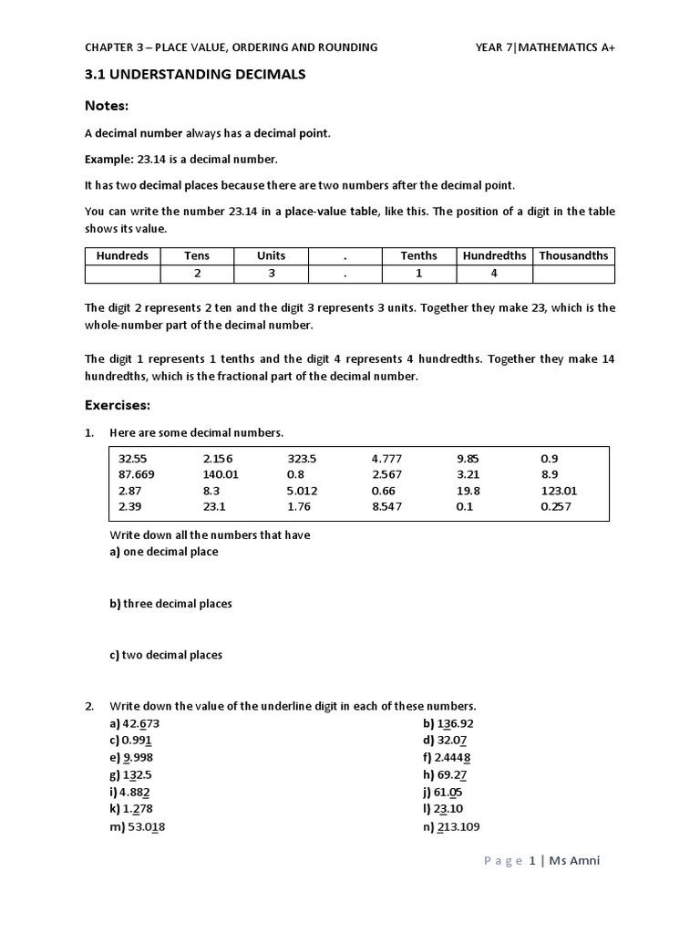 CHAPTER 3 – PLACE VALUE, ORDERING AND ROUNDING.pdf | PDF