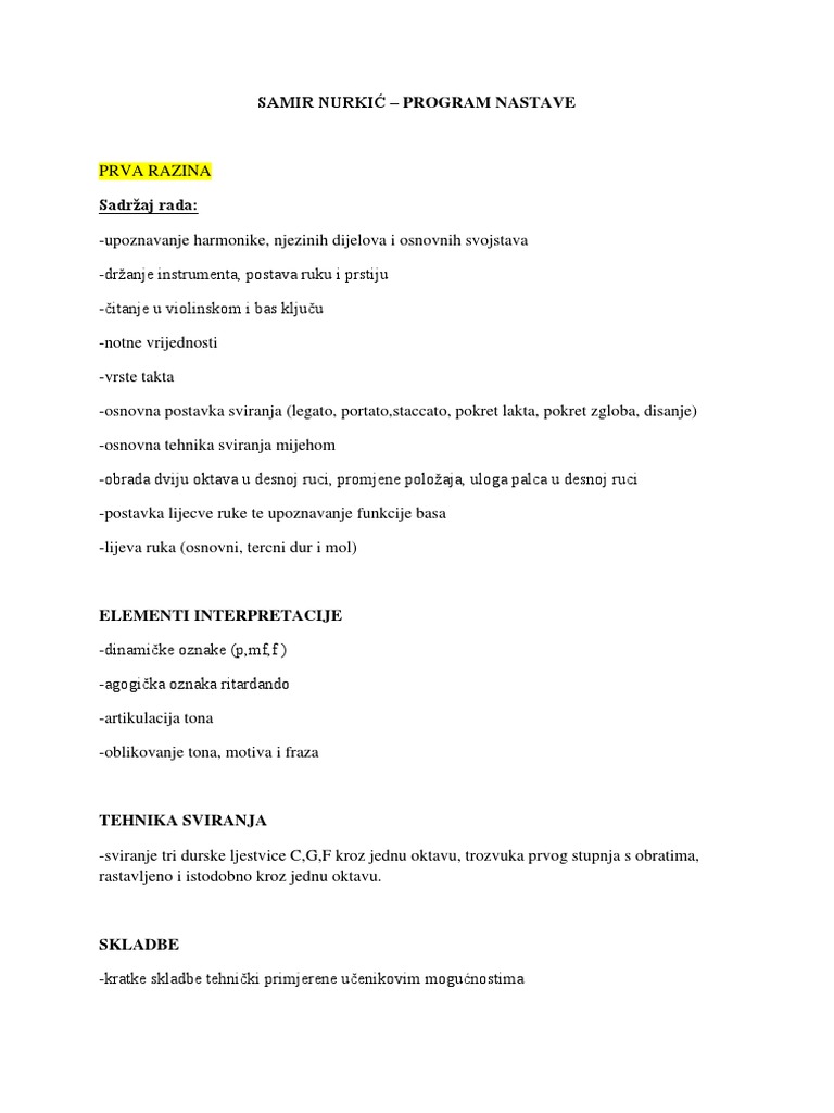 Tečaj Harmonike Program Nastave PDF | PDF