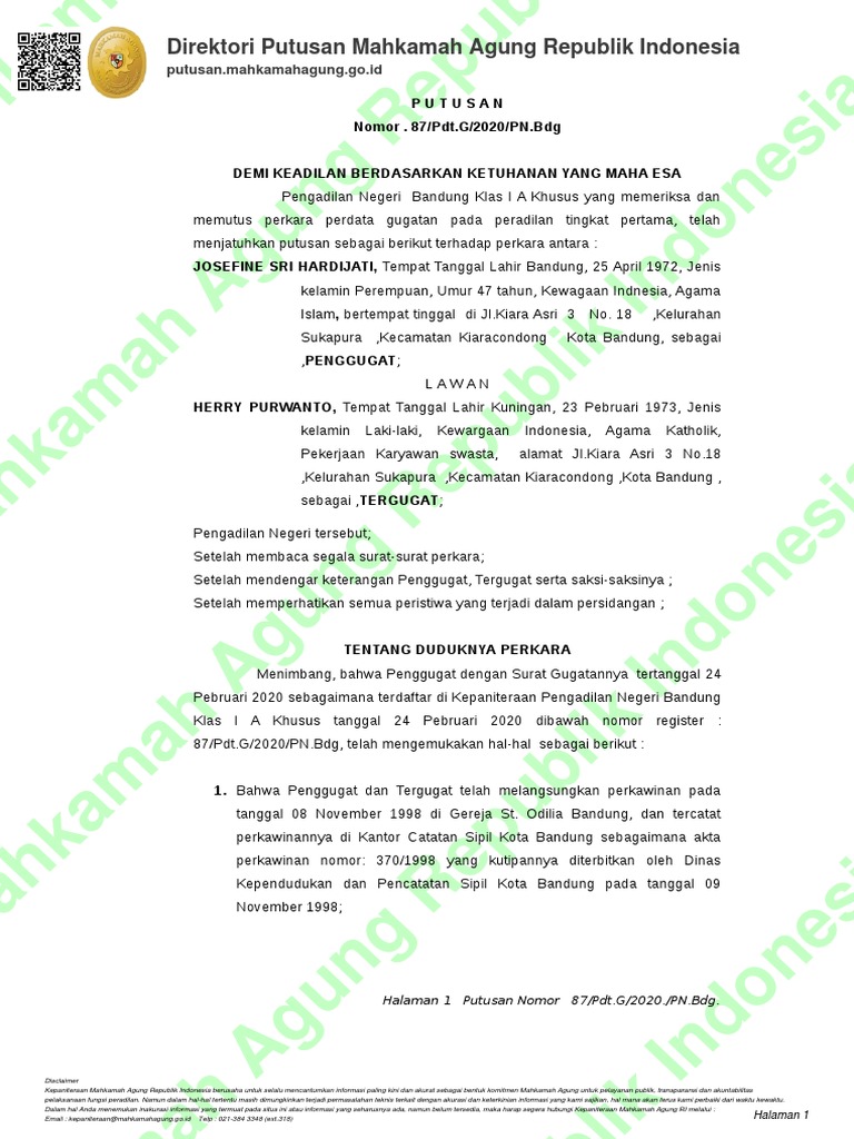 Putusan 87 PDT.G 2020 PN BDG 20211019 | PDF