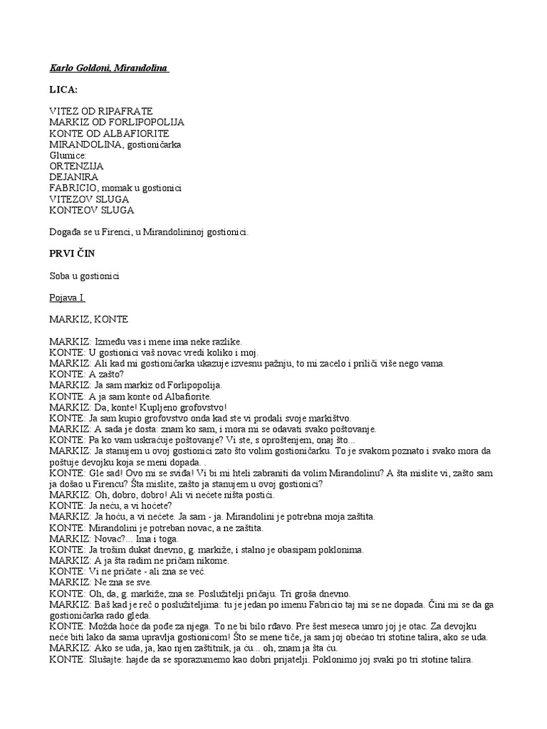 Karlo Goldoni, Mirandolina.docx | PDF