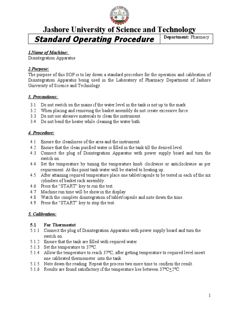 Disintegration Tester SOP | PDF