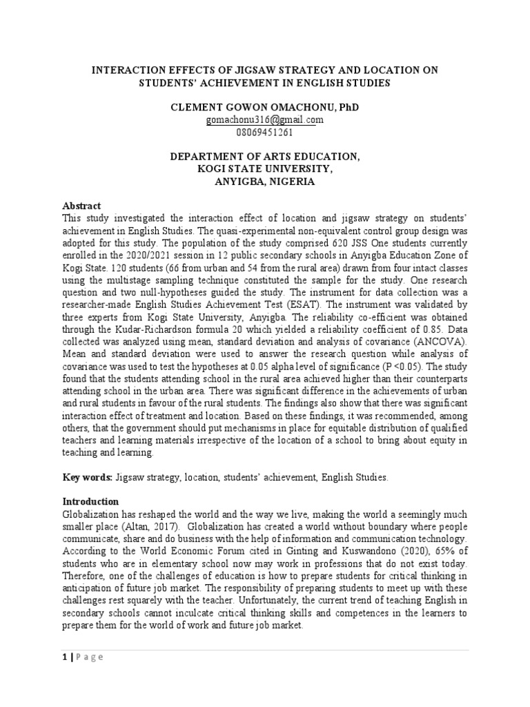 Interaction Effects of Jigsaw Strategy and Location On Students ...
