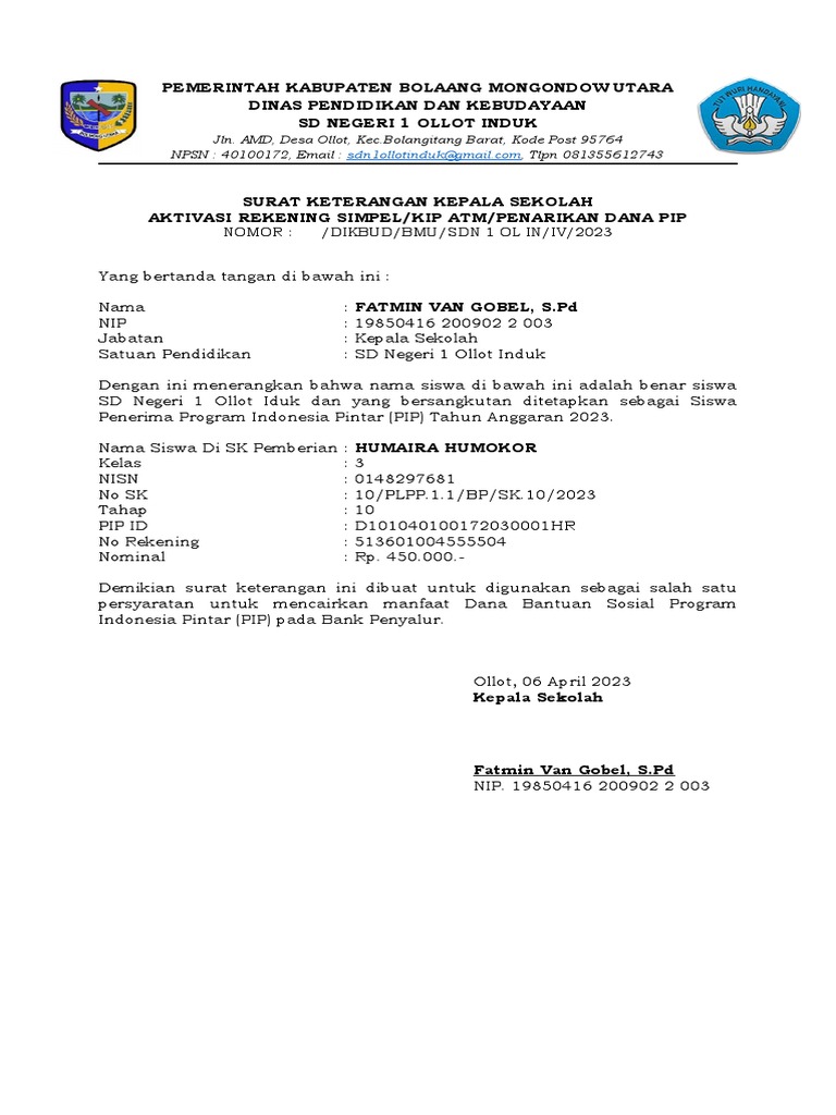 Form-PIP.01 - Surat Keterangan Kepala Sekolah | PDF