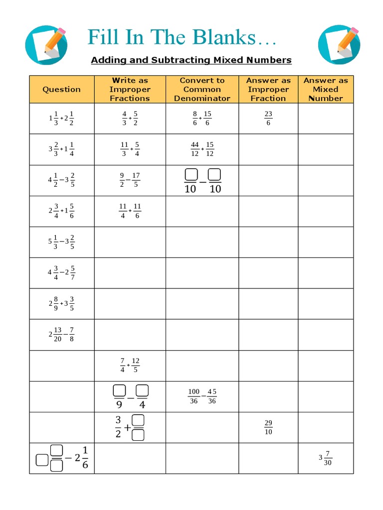 Adding and Subtracting Mixed Numbers Fill in The Blanks | PDF