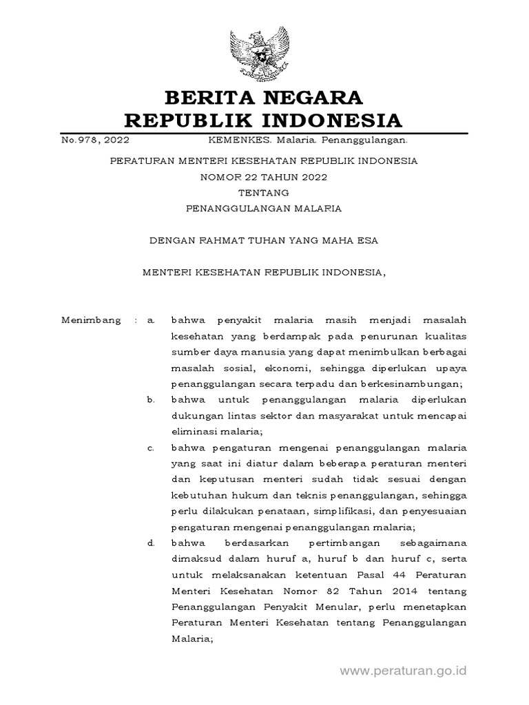 Peraturan Penanggulangan Malaria 2022 | PDF | Ilmu Sosial ...
