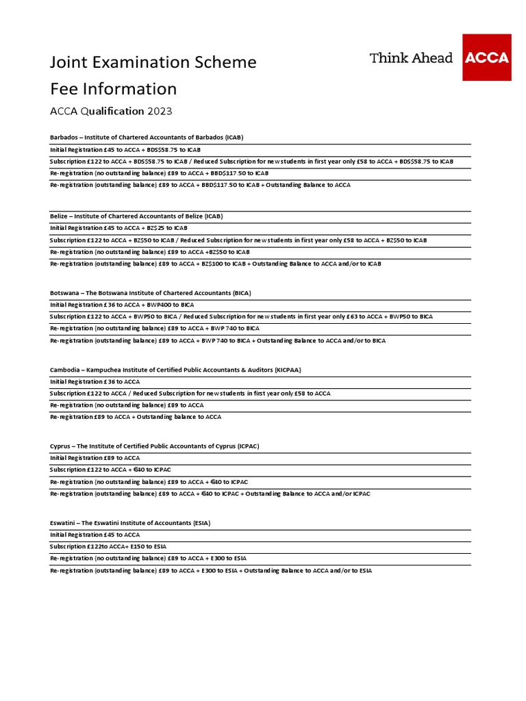 ACCA Qualification Joint Examination Scheme Fee Information 2023 | PDF