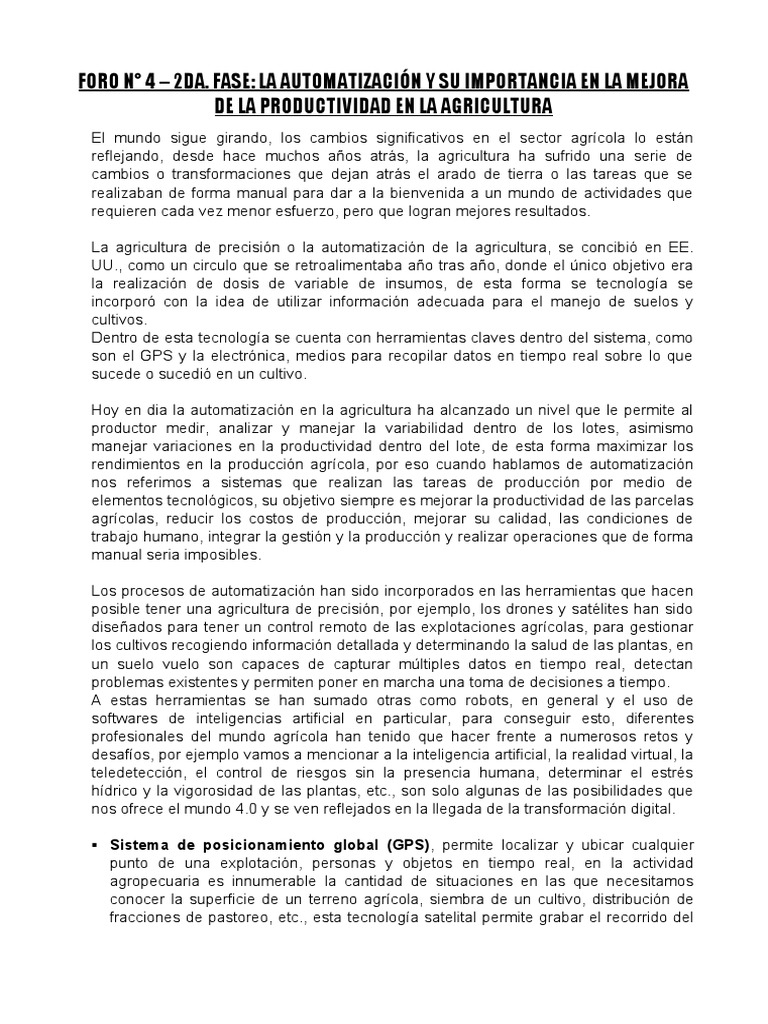 Foro #4 - Ii Fase La Automatizacion y Su Importancia en La Agricultura | PDF | Agricultura ...