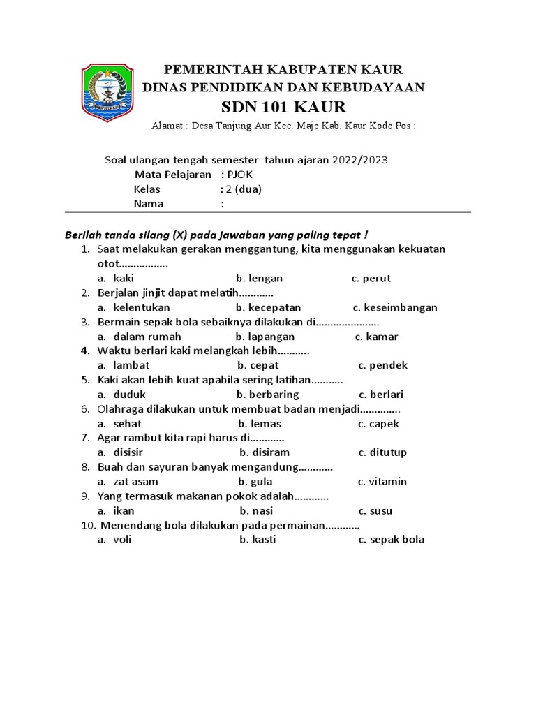 Soal Ulangan PJOK Kelas 2 SDN 101 Kaur | PDF