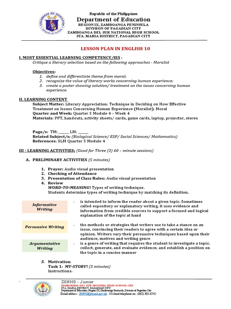 Q3 Wk4 M4 Lesson Plan | PDF | Learning | Thought