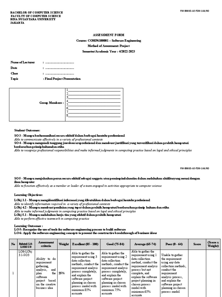 BINUS Computer Science Final Project Assessment | PDF | Software ...