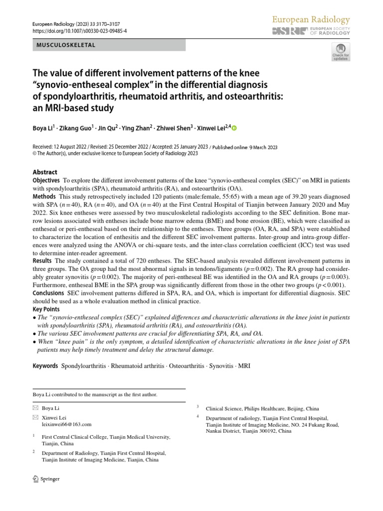 The Value of Different Involvement Patterns of The Knee Synovio ...