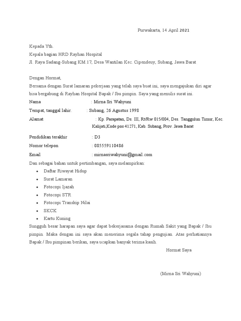 Surat Lamaran Rayhan Hospital | PDF | Kesehatan Holistik