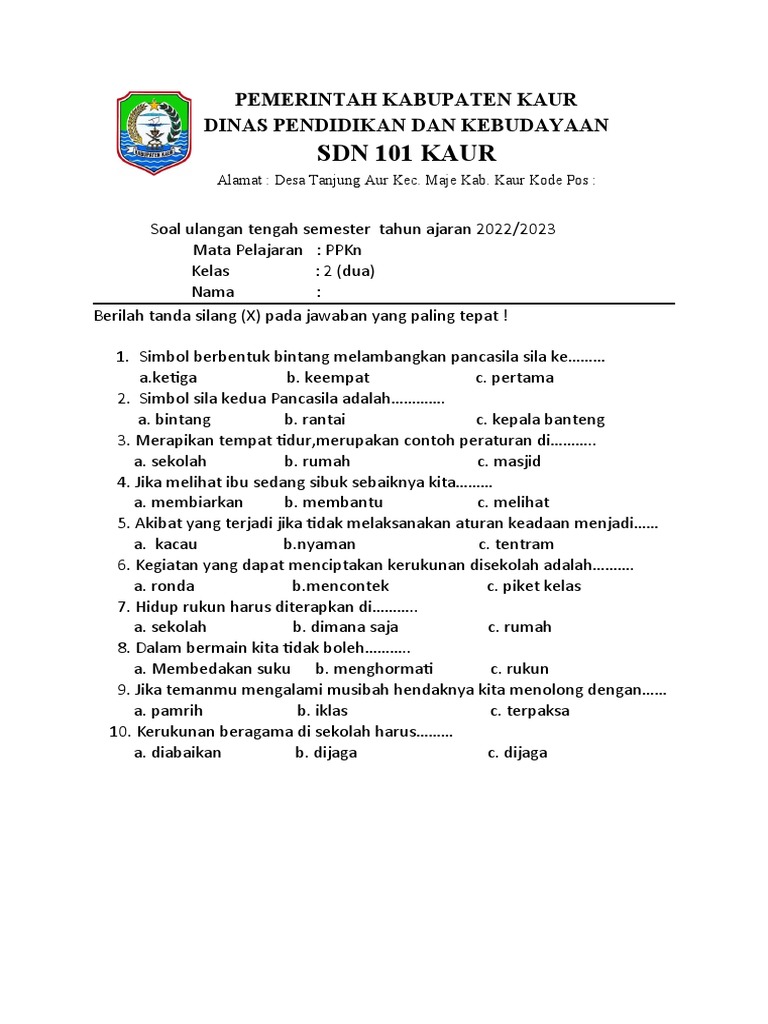 SOAL UTS PPKN, Kelas 2.. | PDF SOAL UTS PPKN, Kelas 2.. | PDF