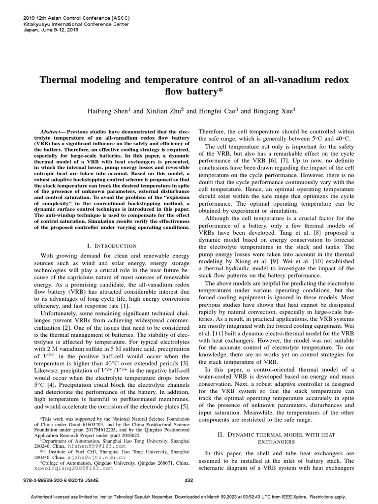 Thermal Modeling and Temperature Control of An All-Vanadium Redox Flow Battery | PDF