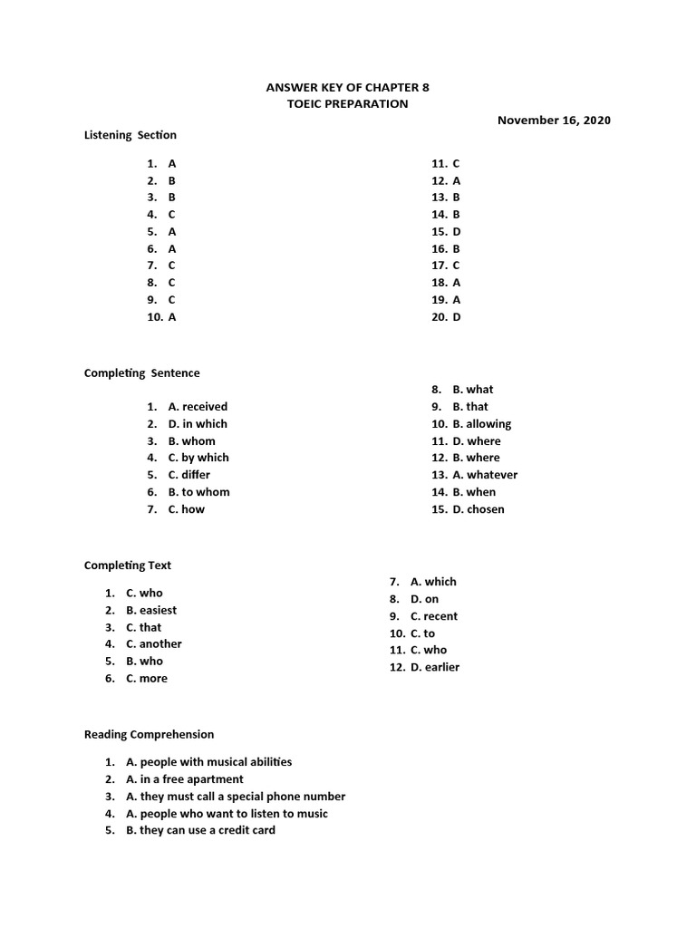 TOEIC Test Part 1 Answer Key | PDF