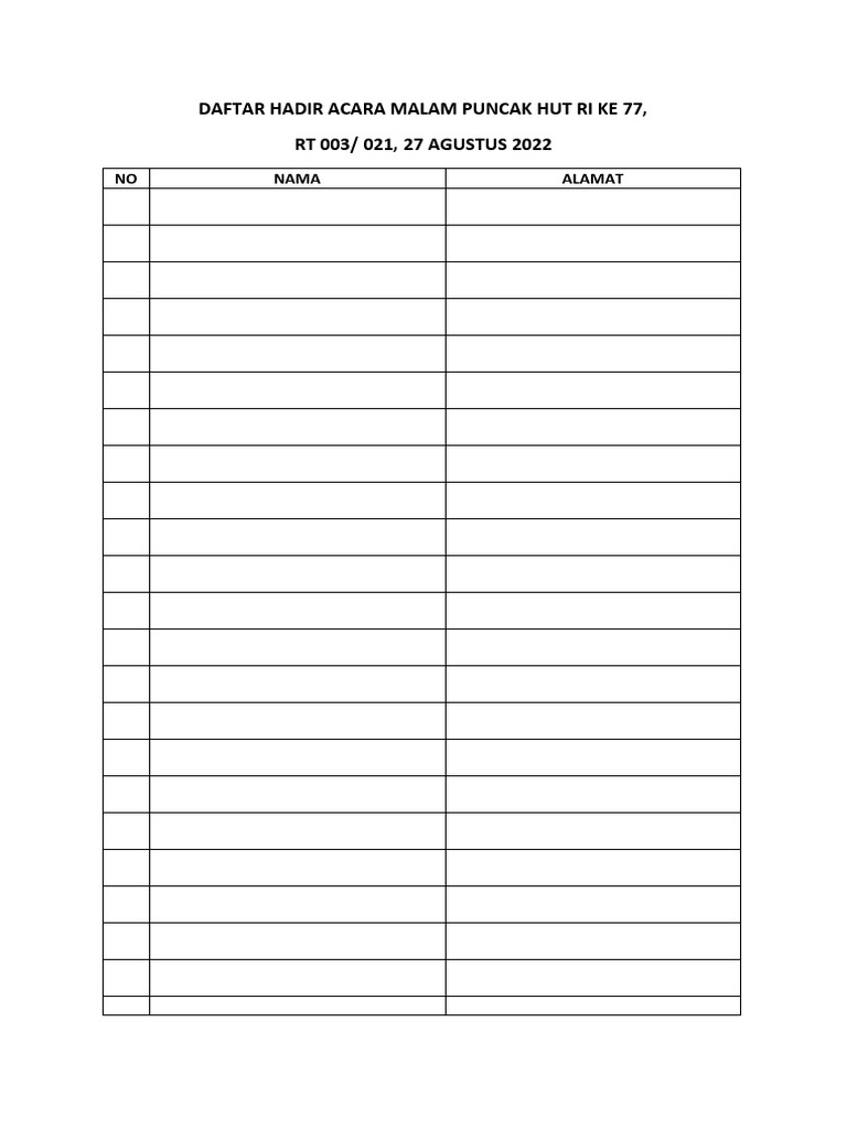 Daftar Hadir Acara Malam Puncak Hut Ri Ke 77 | PDF