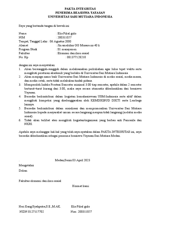 PAKTA INTEGRITAS Mhs. Beasiswa YSM - 1 PDF | PDF