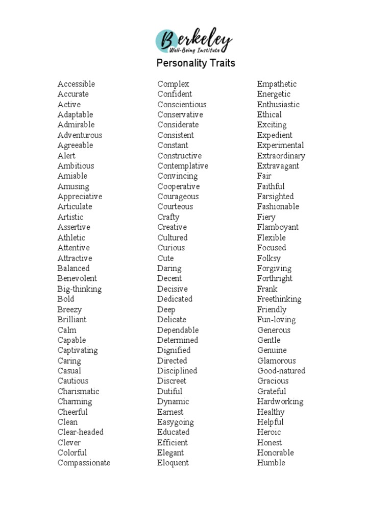 Printable List of Personality Traits PDF | PDF