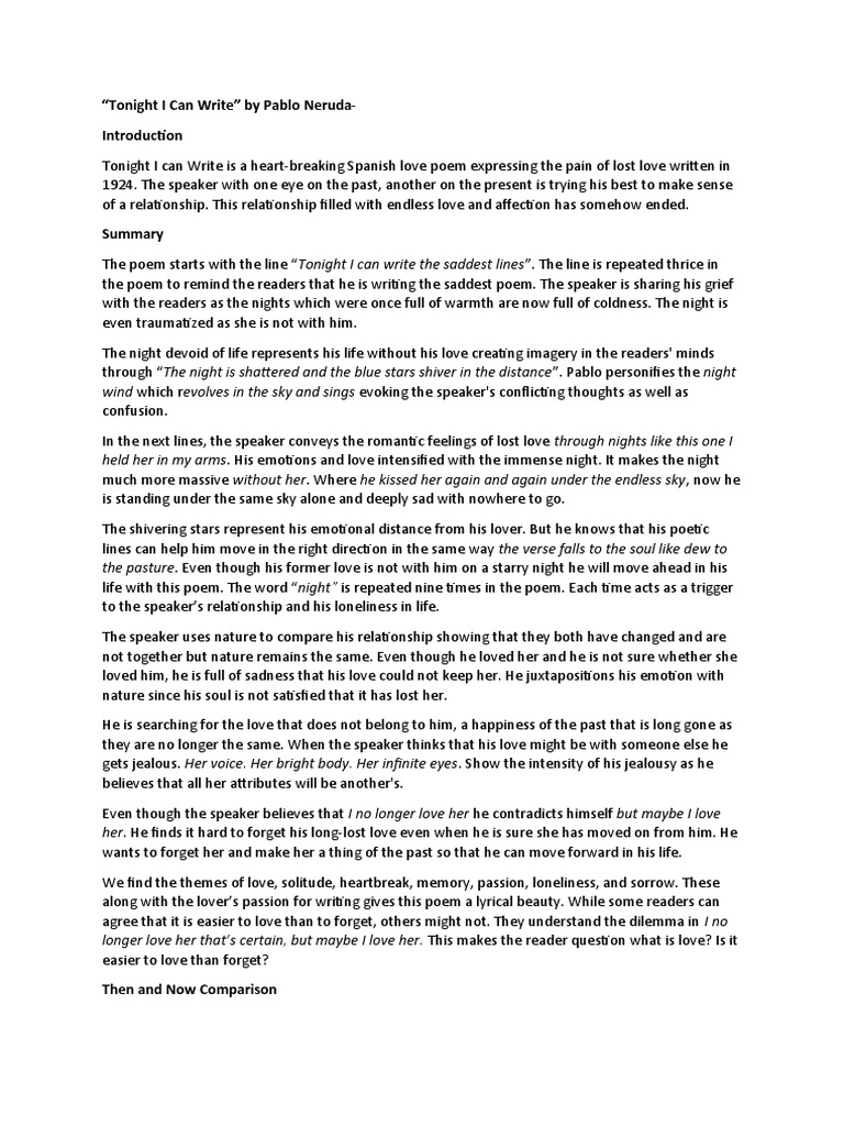 Tonight I Can Write by Pablo Neruda | PDF | Art | Poetry